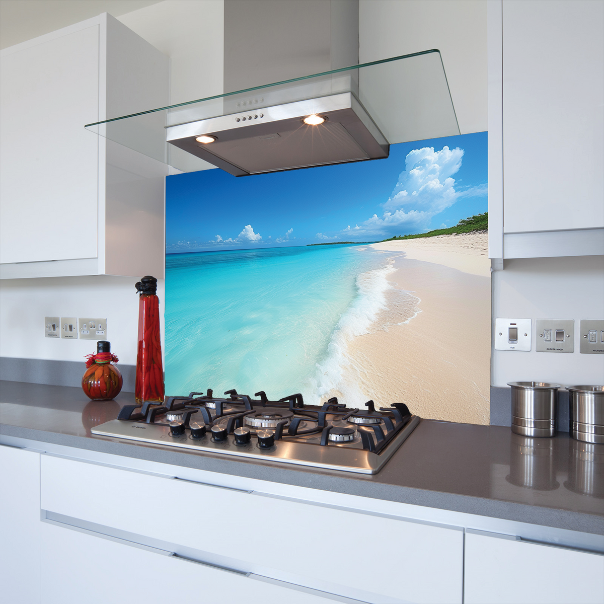 Printed Glass Kitchen Splashback Sandy Beach – Bespoke Glass Products