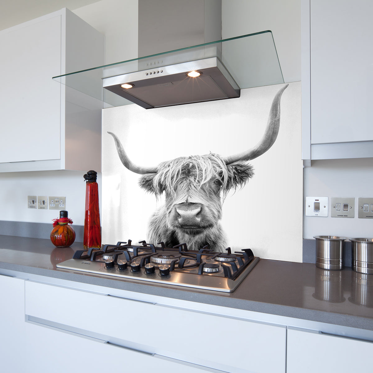 Grey Highland Cow Splashback Bespoke Size | Bespoke Glass Products